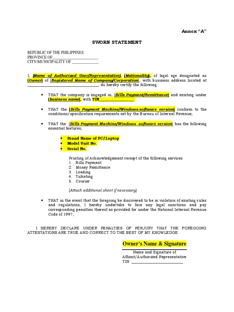 SWORN STATEMENT ANNEX A - Guide | PDF