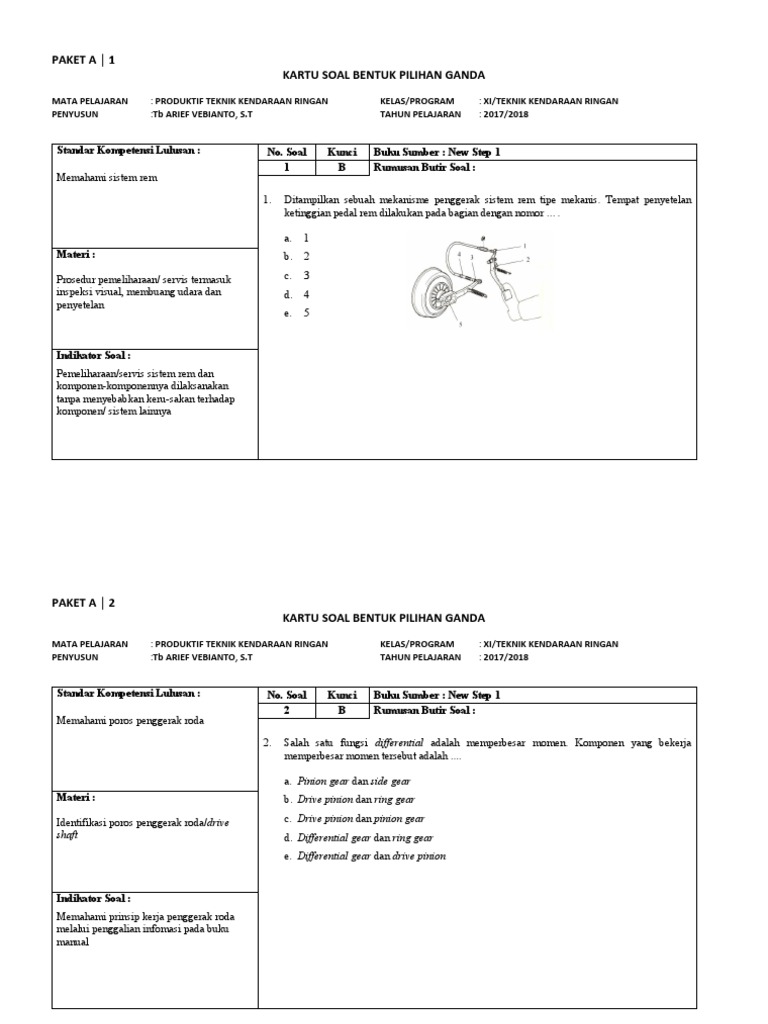 Kartu Soal UKK 11 TKR | PDF