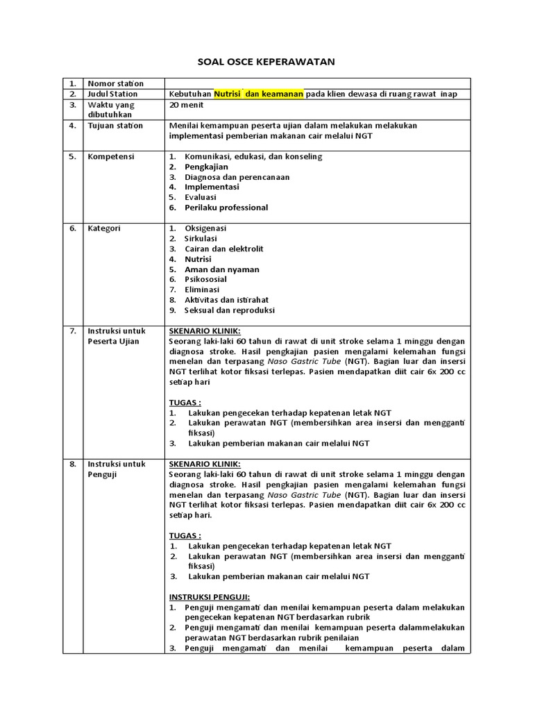 Soal OSCE Pemasangan NGT D3 Gizi | PDF
