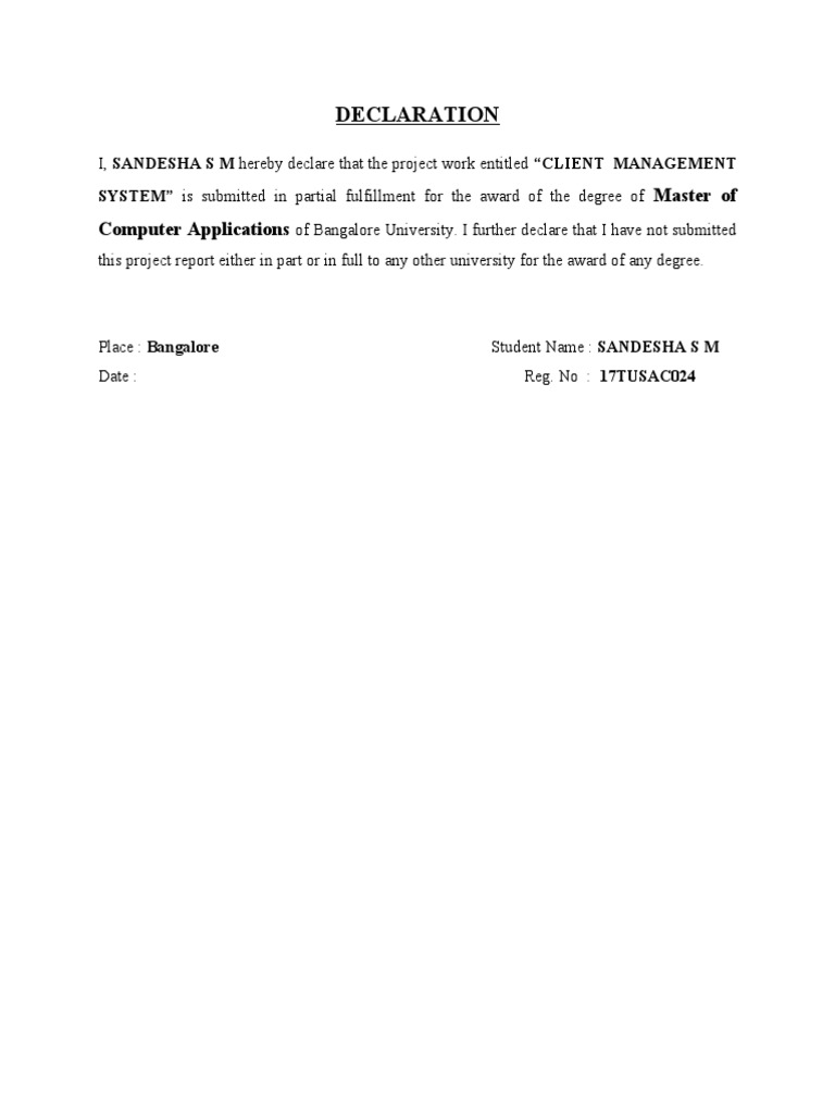 Declaration: Master of Computer Applications | PDF | System | Databases