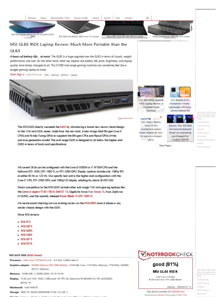 MSI GL65 9SEK Laptop Review - Much More Portable Than The GL63 ...