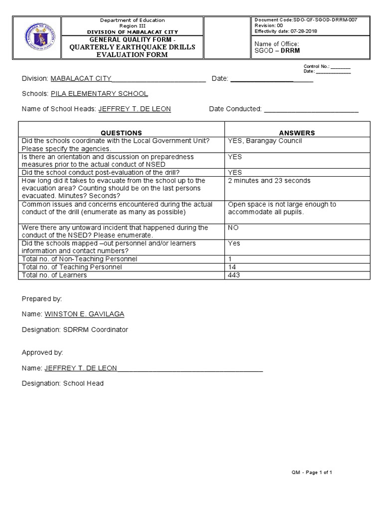QF 7-DRRM-Quarterly Earthquake Drill Form | PDF