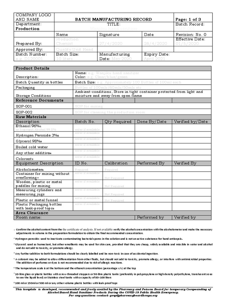 PPB Hand Sanitizer BPD Template | PDF | Ethanol | Chemistry