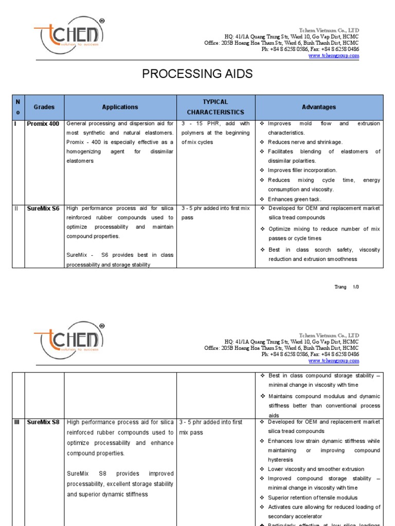Processing Aids: N o Grades Applications Typical Characteristics ...