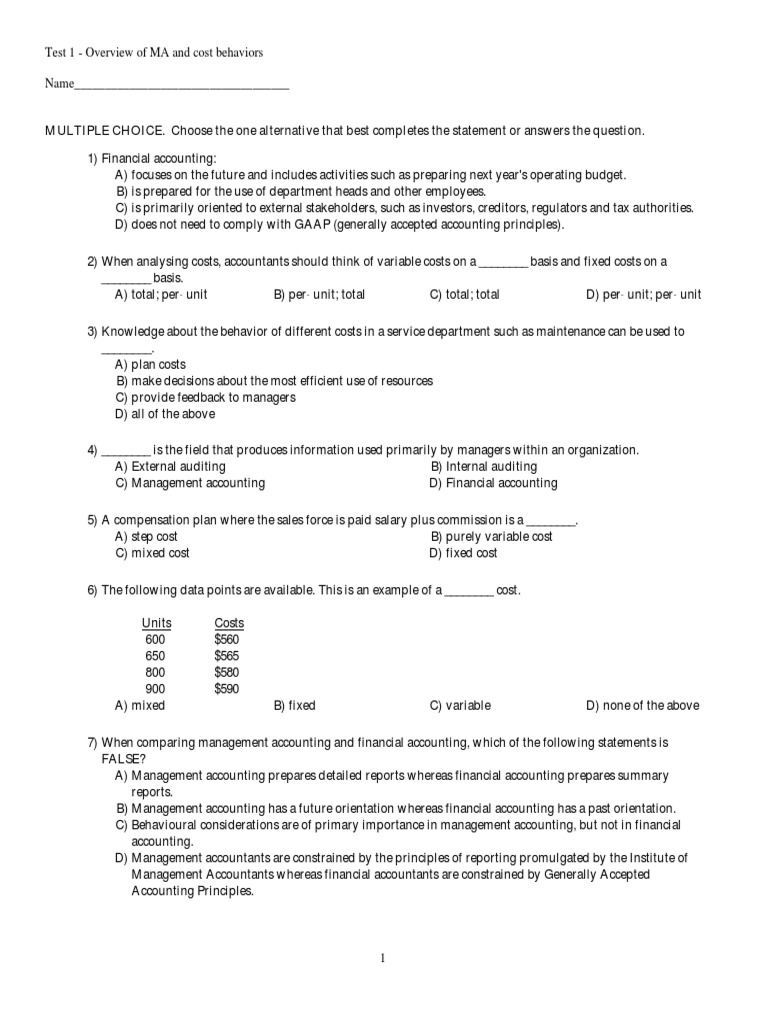 MCQs - Overview of MA and Cost Classifications | PDF | Accounting ...
