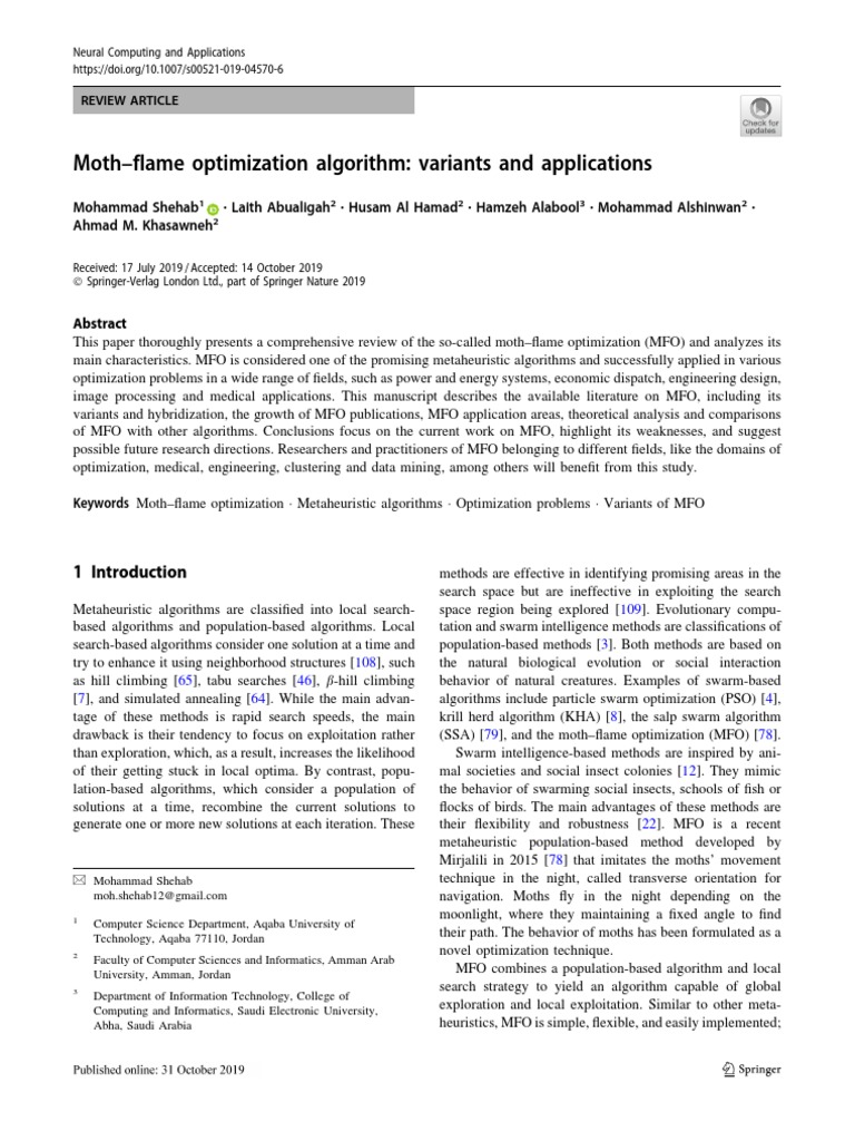 Moth-Flame Optimization Algorithm: Variants and Applications | PDF ...