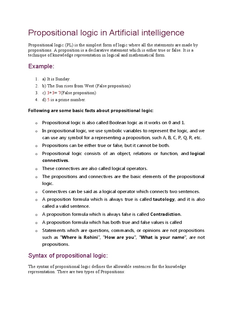 Propositional Logic in Artificial Intelligence: Example | PDF ...