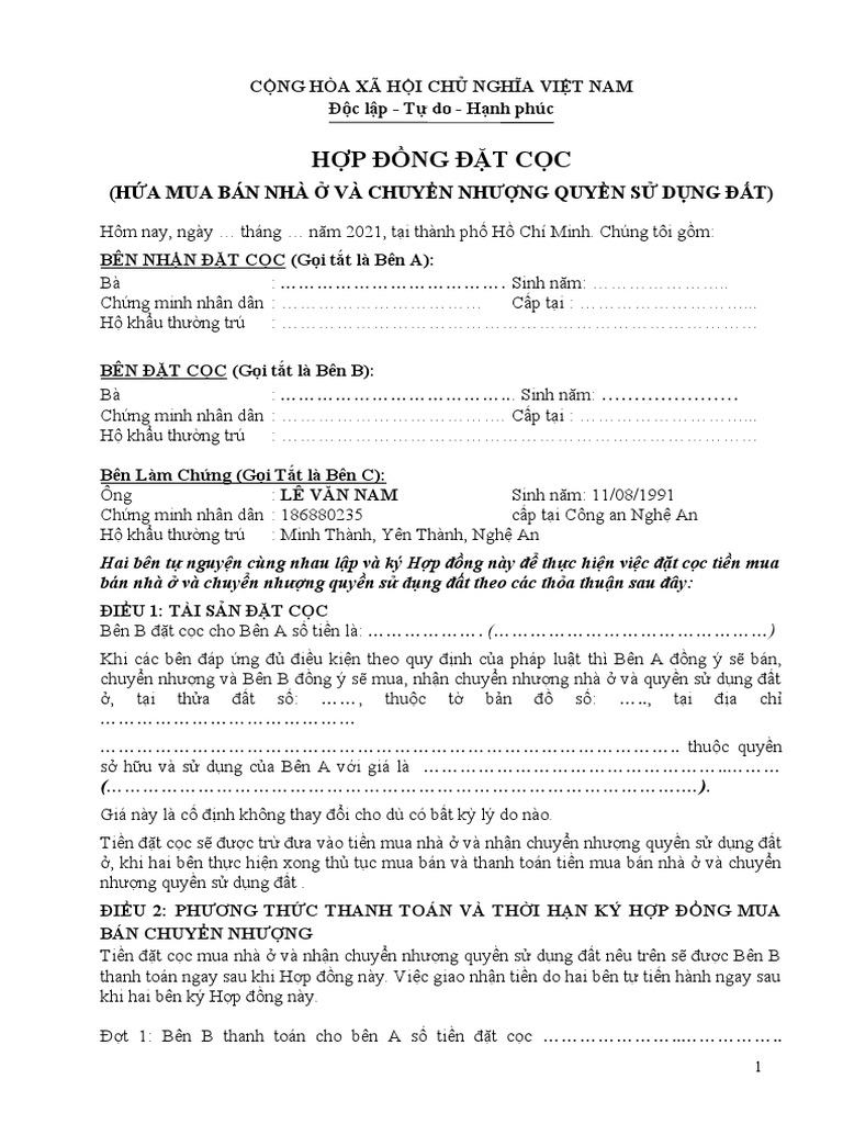 Mau Hop Dong Dat Coc Nha Dat | PDF