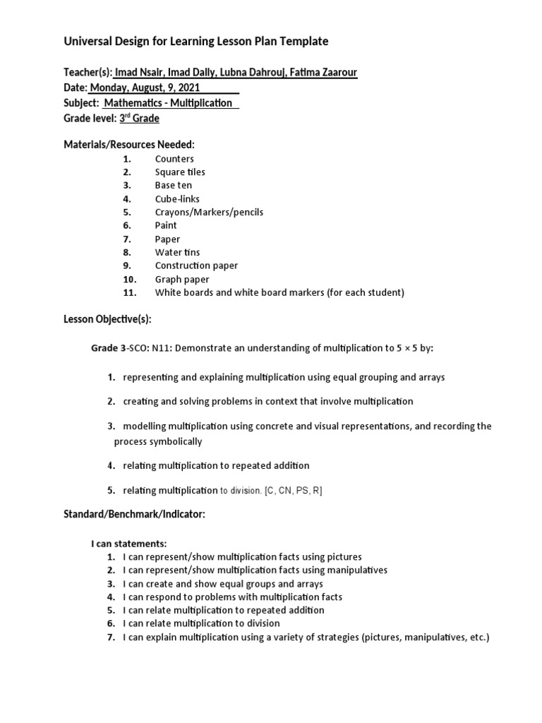 Universal by Design Learning Lesson Plan Mathematics Grade 3 | PDF ...