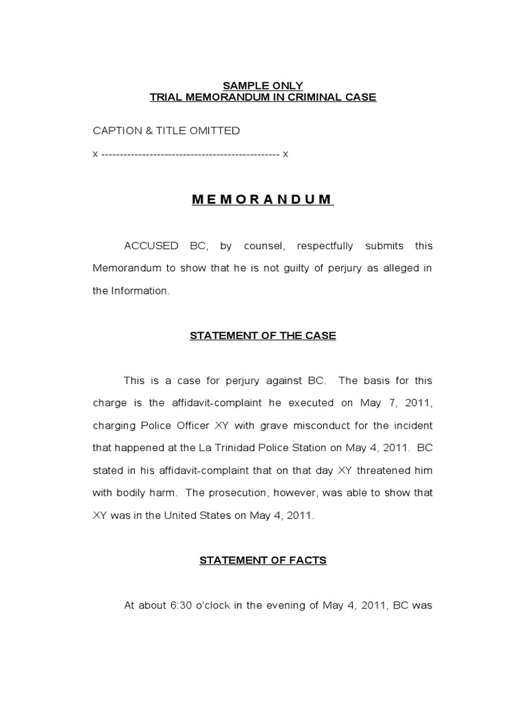 Memorandum: Sample Only Trial Memorandum in Criminal Case | PDF ...