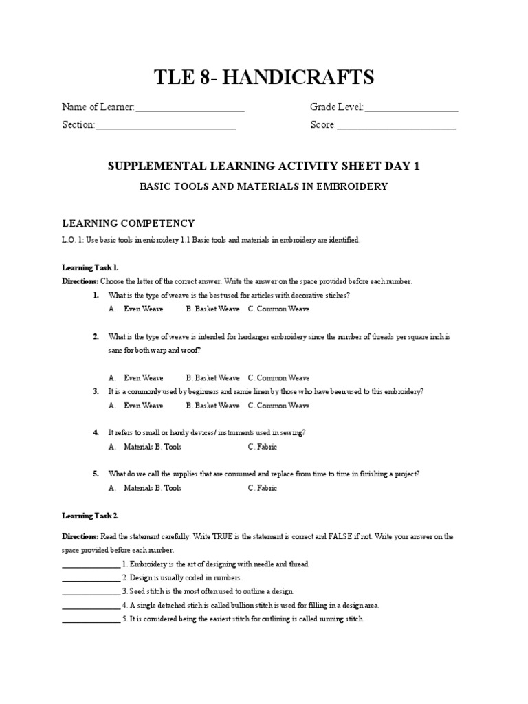 Tle 8-Handicrafts: Supplemental Learning Activity Sheet Day 1 | PDF | Weaving | Embroidery