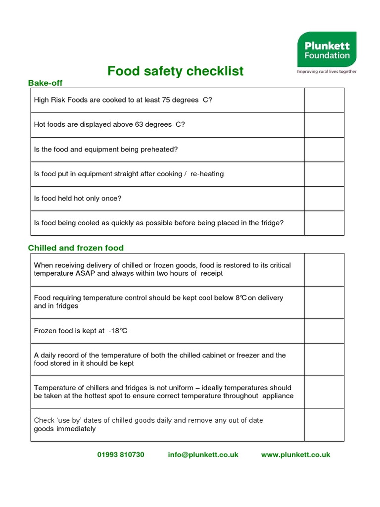 Food Safety Checklist | PDF | Refrigerator | Foods
