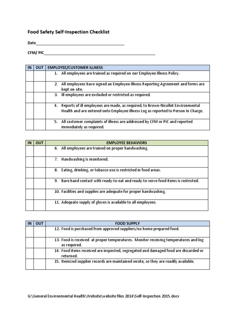 Food Safety Self-Inspection Checklist | PDF | Foods | Water