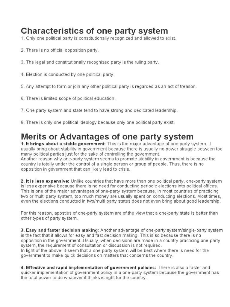 Characteristics of One Party System | PDF | Dictatorship | Leadership