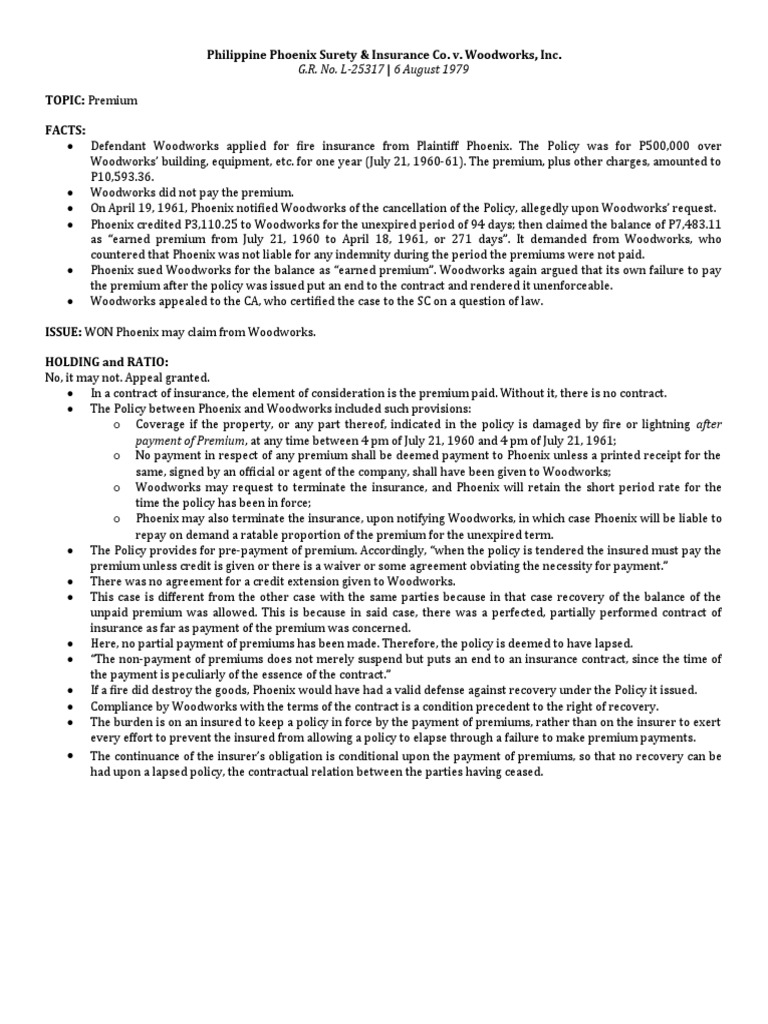 Non-Payment of Premium Renders Insurance Contract Unenforceable | PDF ...