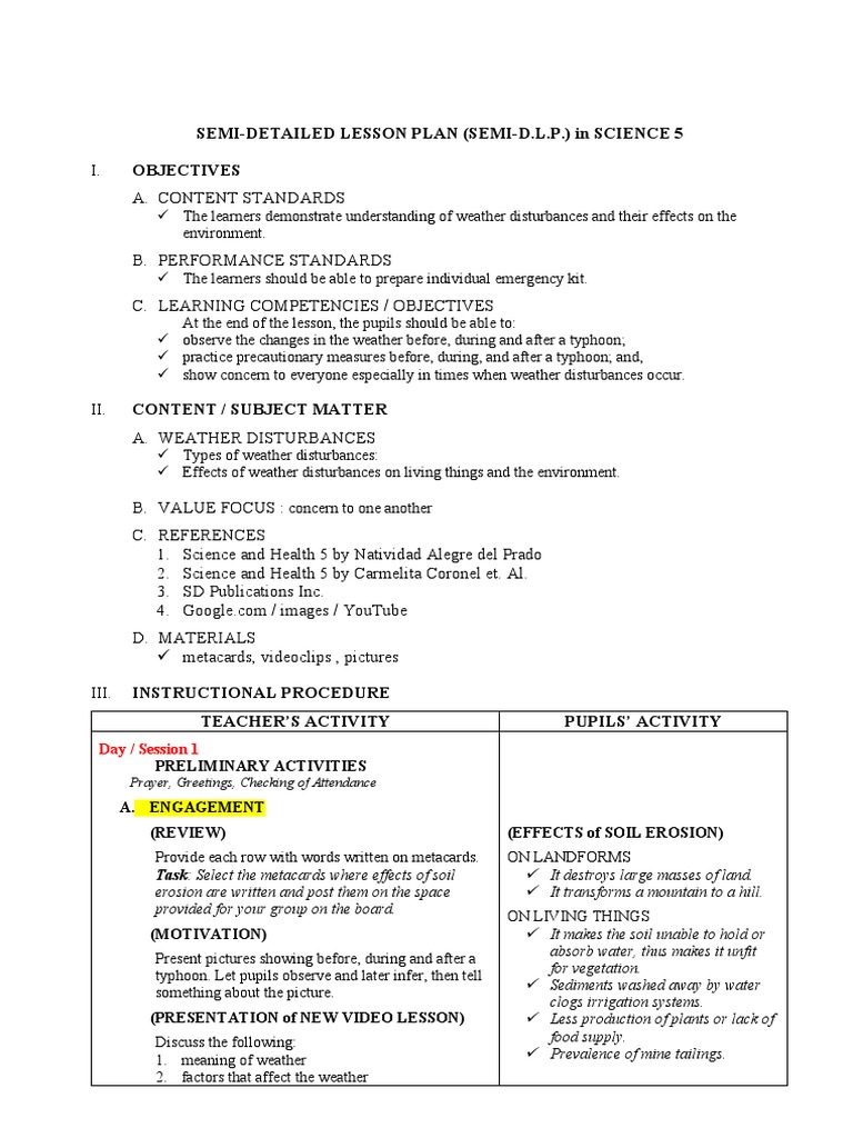 Semi-Detailed Lesson Plan (Semi-D.L.P.) in Science 5 Objectives | PDF ...