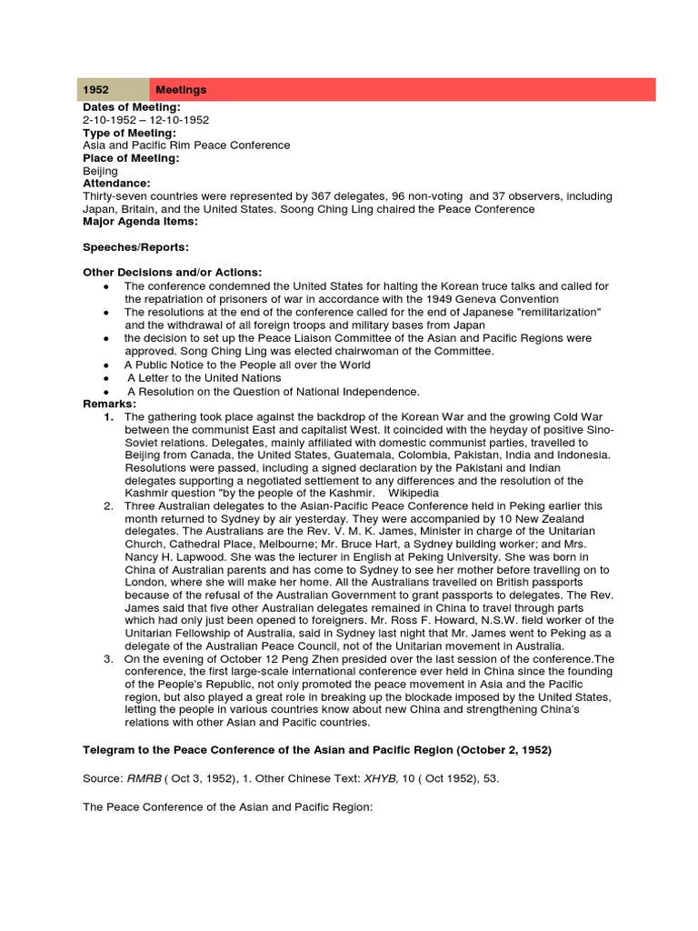 2-10-1952 Asia and Pacific Rim Peace Conference | PDF | International ...