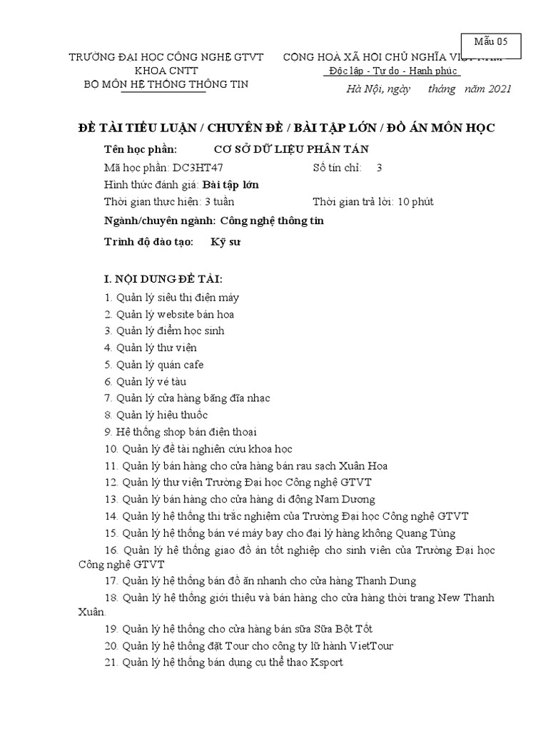 De Thi Mon CSDLPT | PDF