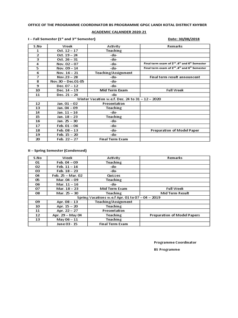 Academic Calendar Fall 2018-19 | PDF | Academic Term | Academia