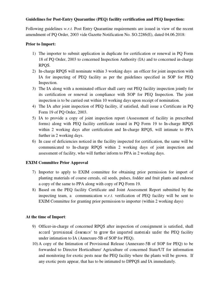 Guidelines For Post-Entry Quarantine (PEQ) Facility Certification and ...