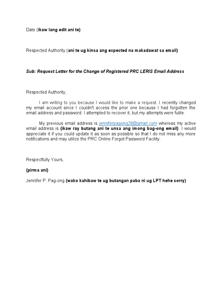 Sub: Request Letter For The Change of Registered PRC LERIS Email ...