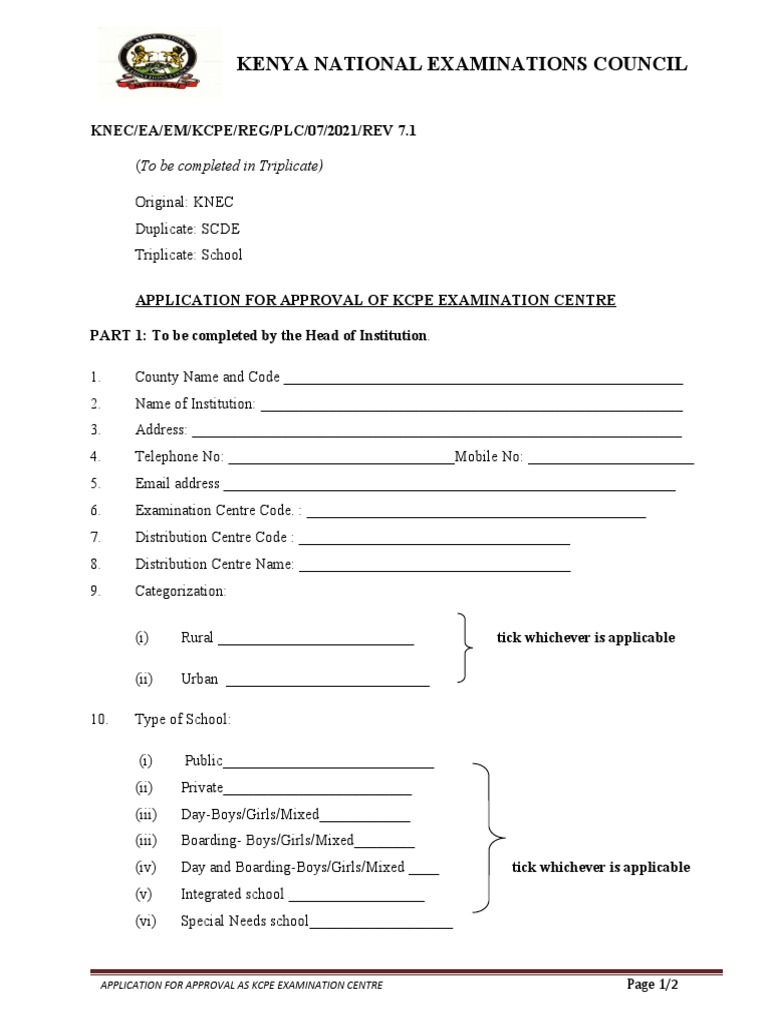 2021 - Application Form For KCPE Examination Centre | PDF