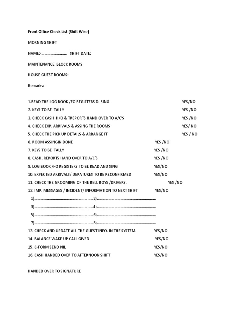 Front Office Check List (Shift Wise) | PDF | Computing