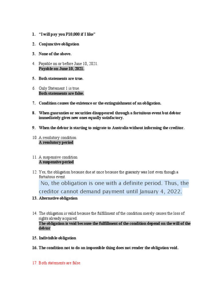 Quiz 2 - Pure Obligations To Alternative Obligations - OBLICON | PDF | Law
