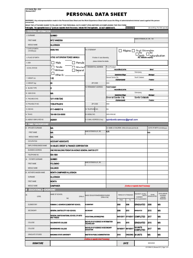 Personal Data Sheet | Download Free PDF | Government