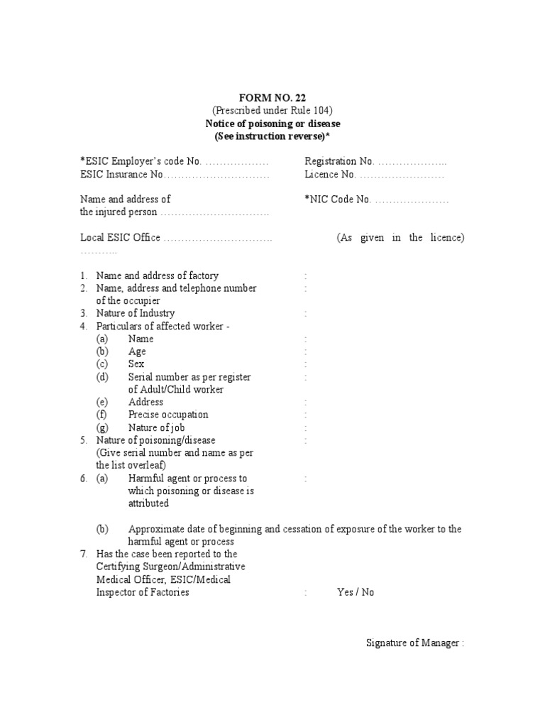 Form No. 22 Notice of Poisoning or Disease (See Instruction Reverse) | PDF | Physical Sciences ...