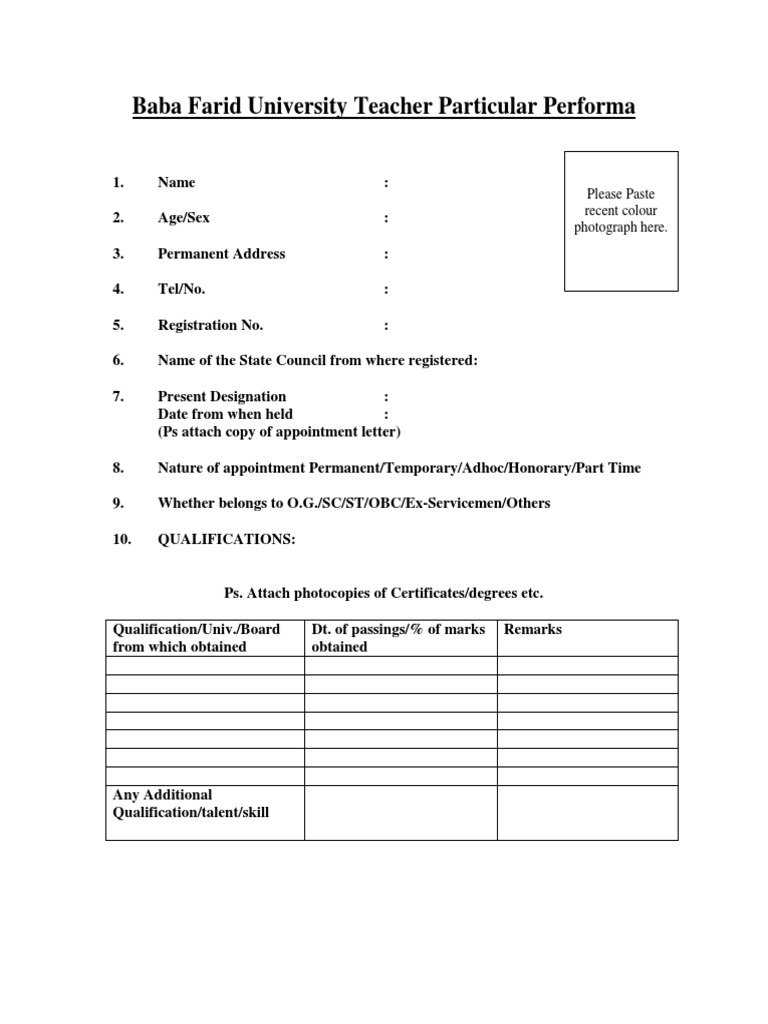 Teacher Particular Proforma | PDF
