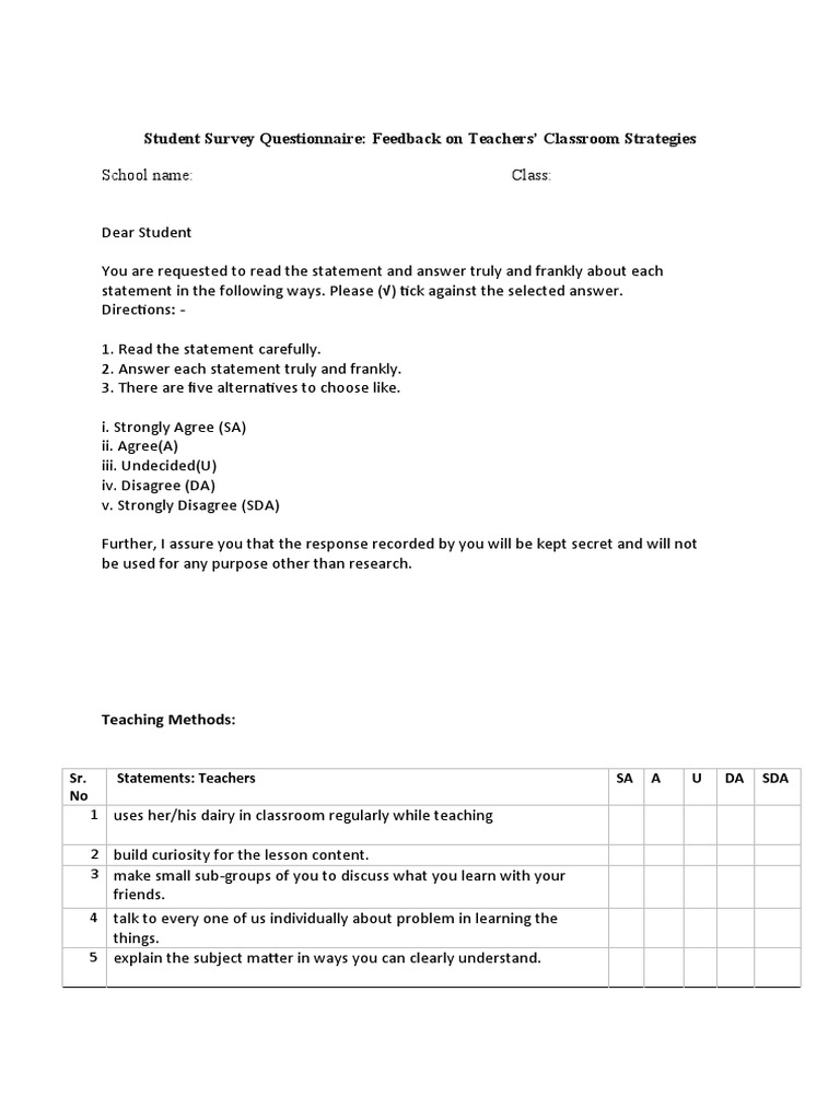 Student Survey Questionnaire: Feedback On Teachers' Classroom ...