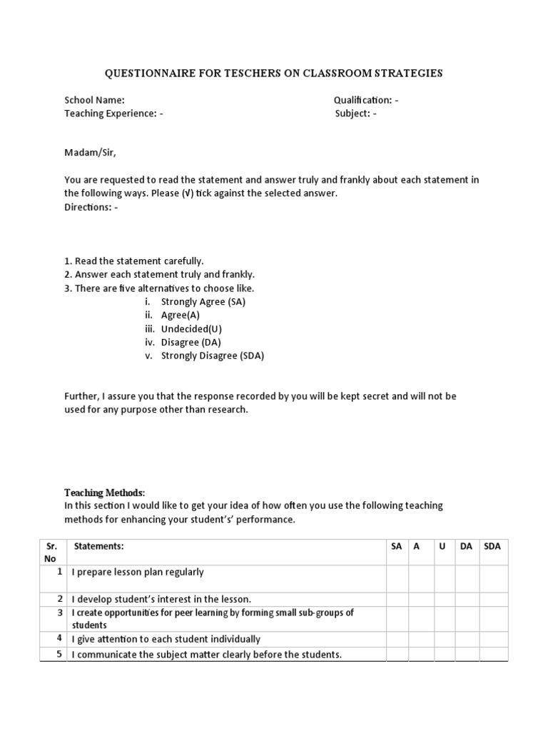 Questionnaire For Teschers On Classroom Strategies: Teaching Methods ...