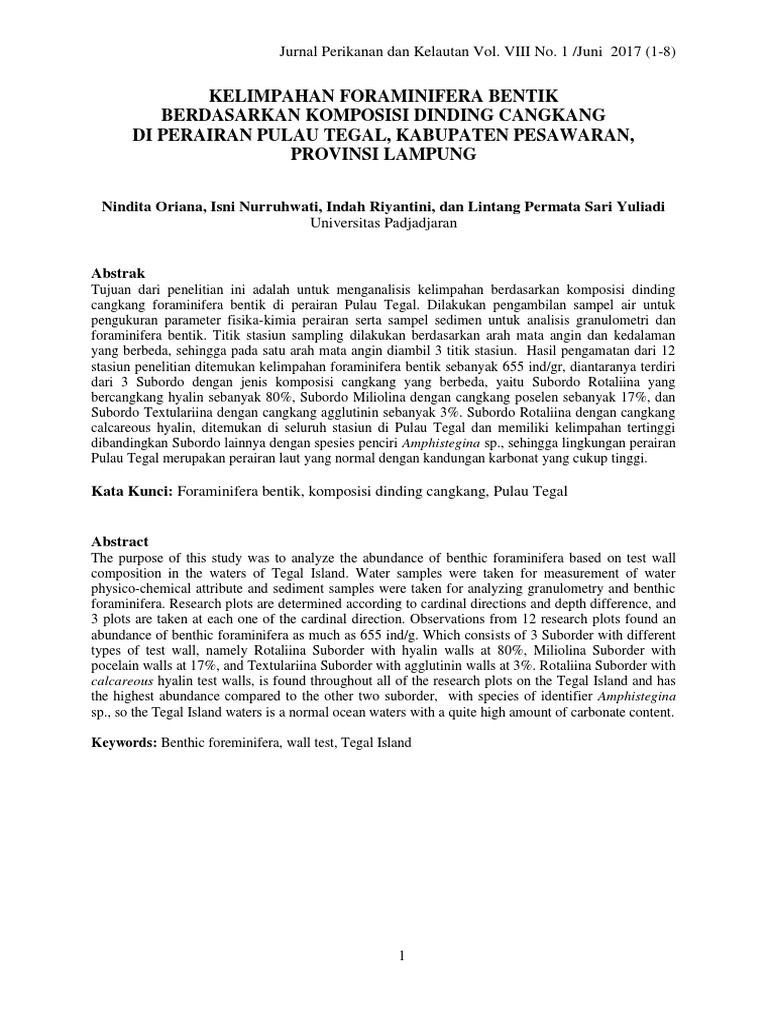 Kelimpahan Foraminifera Bentik Berdasarkan Komposisi Dinding Cangkang ...