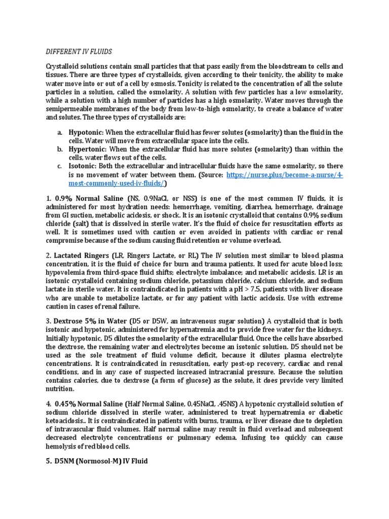 Different Iv Fluids | PDF | Saline (Medicine) | Intravenous Therapy