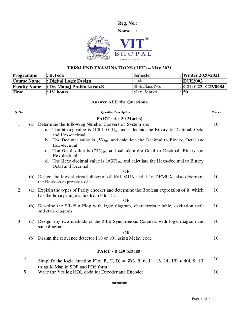 C21 - C22 - C23-ECE2002-Digital Logic Design-100197 - DR - Manoj - TEE | PDF | Logic Gate ...