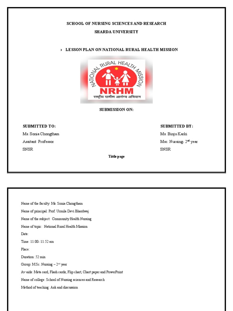 CHN Lessonplan (NRHM - National Rural Health Mission) | PDF | Health ...