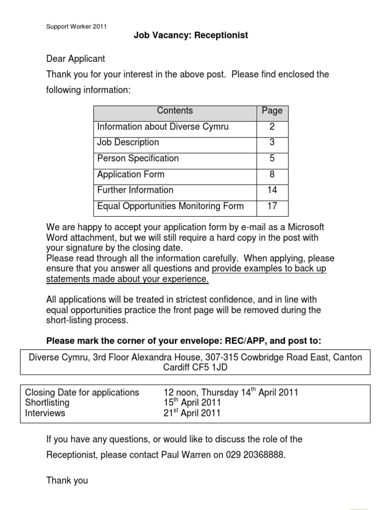Receptionist Application Pack | PDF | Equal Opportunity | Employment