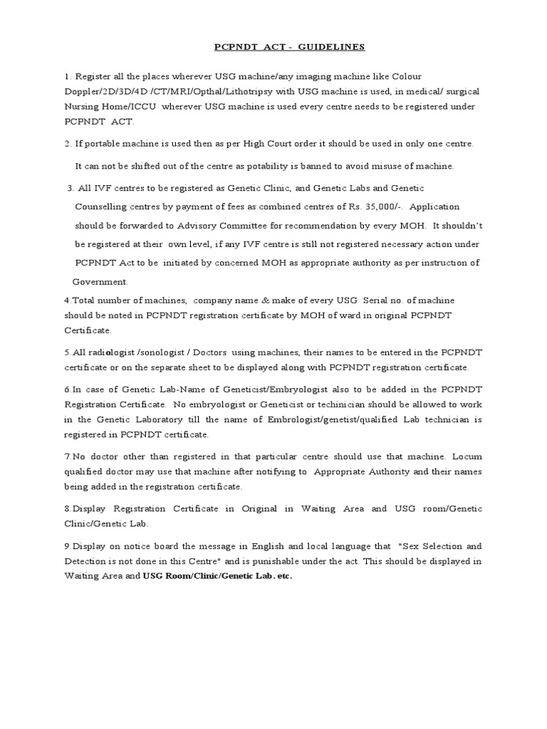 PCPNDT Act - Guidelines: USG Room/Clinic/Genetic Lab. Etc | PDF