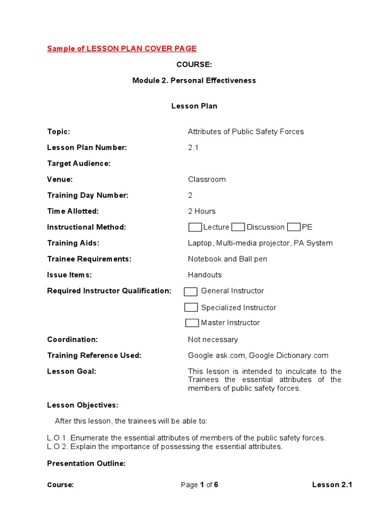 Sample of Lesson Plan Cover Page: Course | PDF | Courage | Lecture