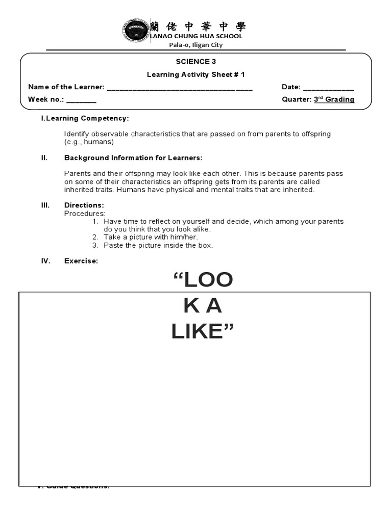 Science Las # 1 - 3rd Grading (Inherited Traits) | PDF | Science ...