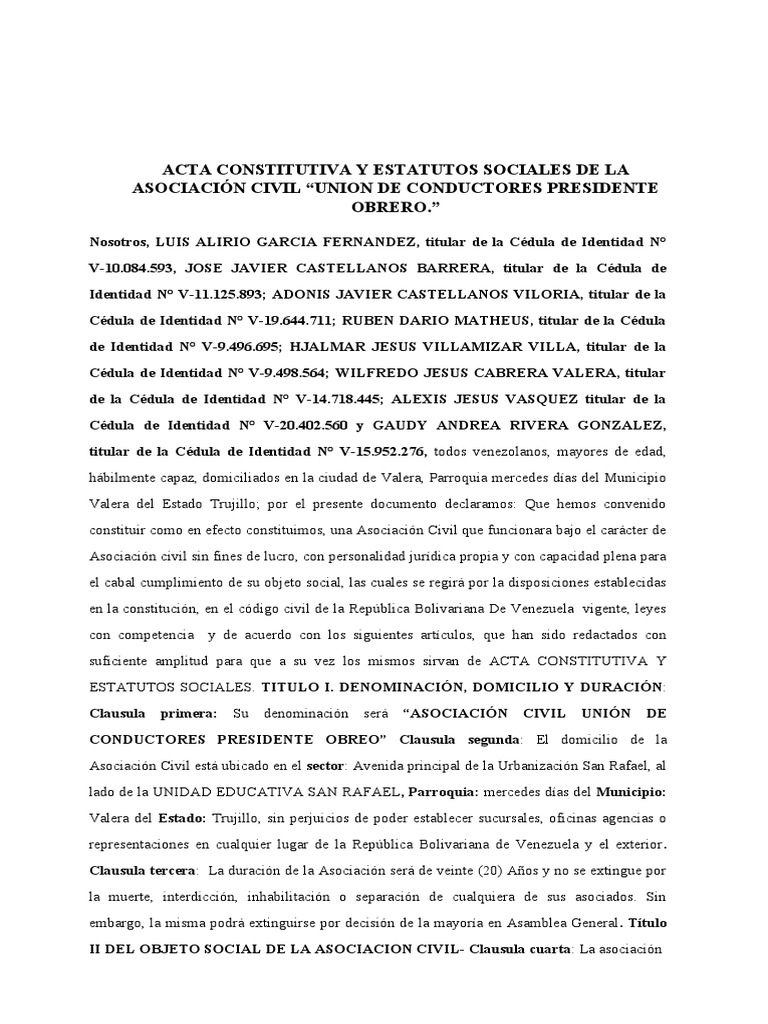 Acta Constitutiva y Estatutos Sociales de La Asociación Civil | PDF | Presupuesto | Junta Directiva
