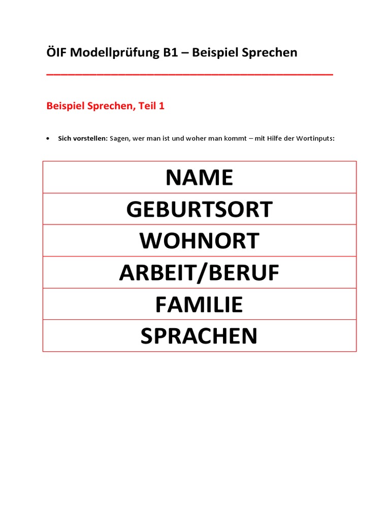 ÖIF B1 Deutschprüfung Modelltest Sprechen | PDF