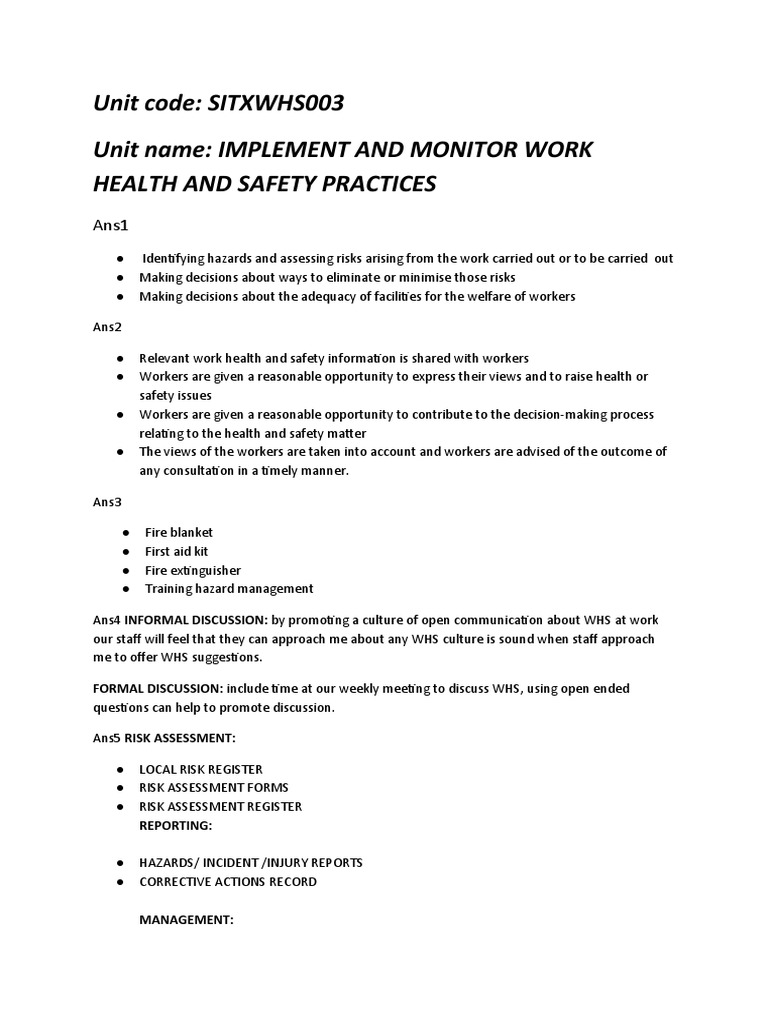 Unit Code: SITXWHS003 Unit Name: Implement and Monitor Work Health and ...