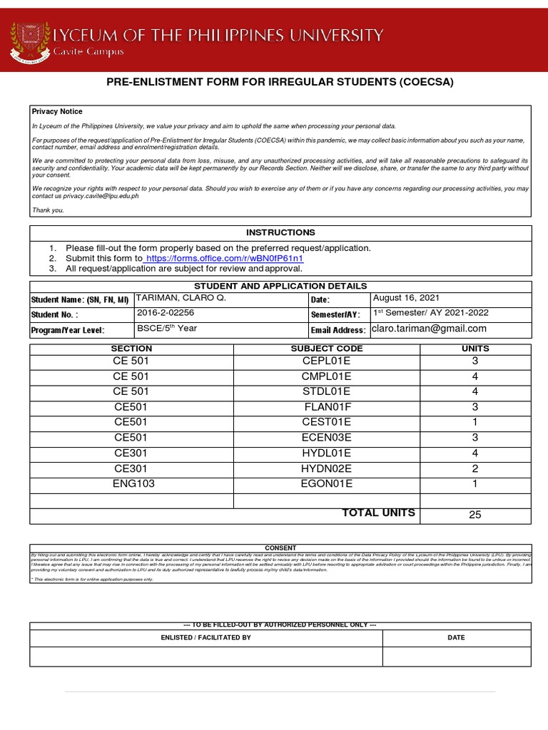 Pre-Enlistment Form For Irregular Students (Coecsa) | PDF | Privacy ...