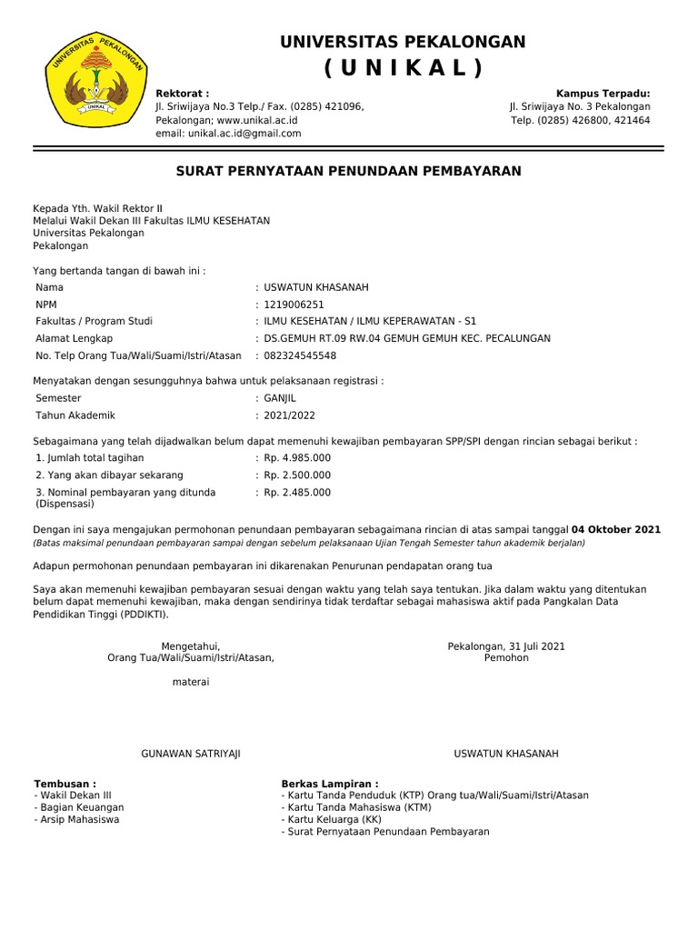 Permohonan Penundaan Pembayaran UNIKAL | PDF