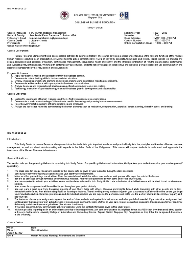 HRM Course Guide | PDF | Educational Technology | Human Resource Management