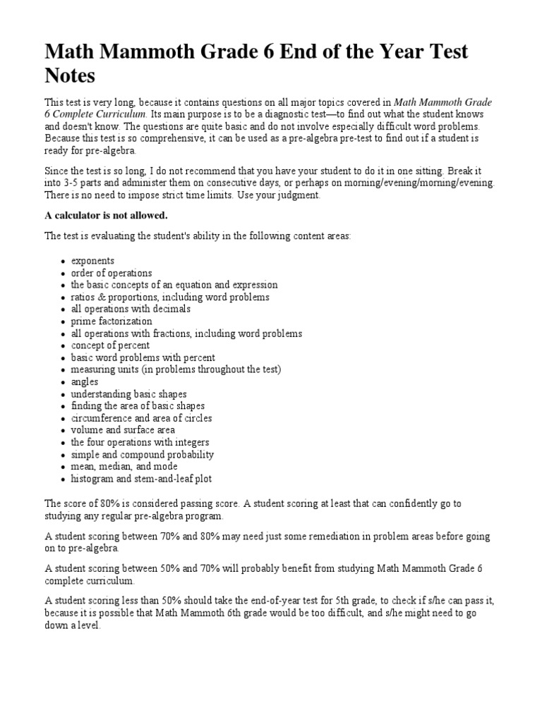 Grade 6 Math Mammoth Year-End Test | PDF | Area | Ratio