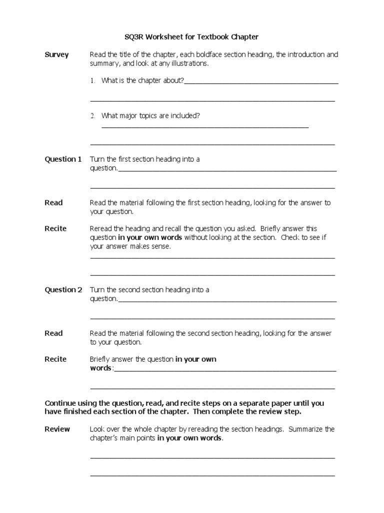 SQ3R Worksheet | PDF