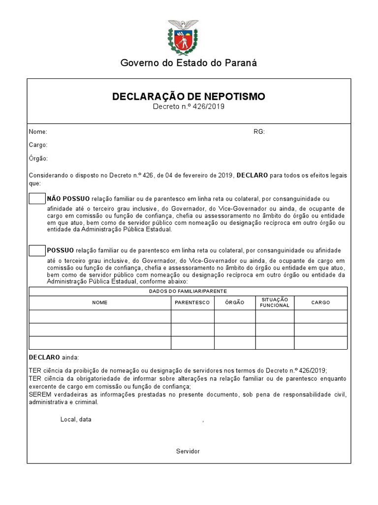 Declaração de Nepotismo para Servidores do Governo do Estado do Paraná ...
